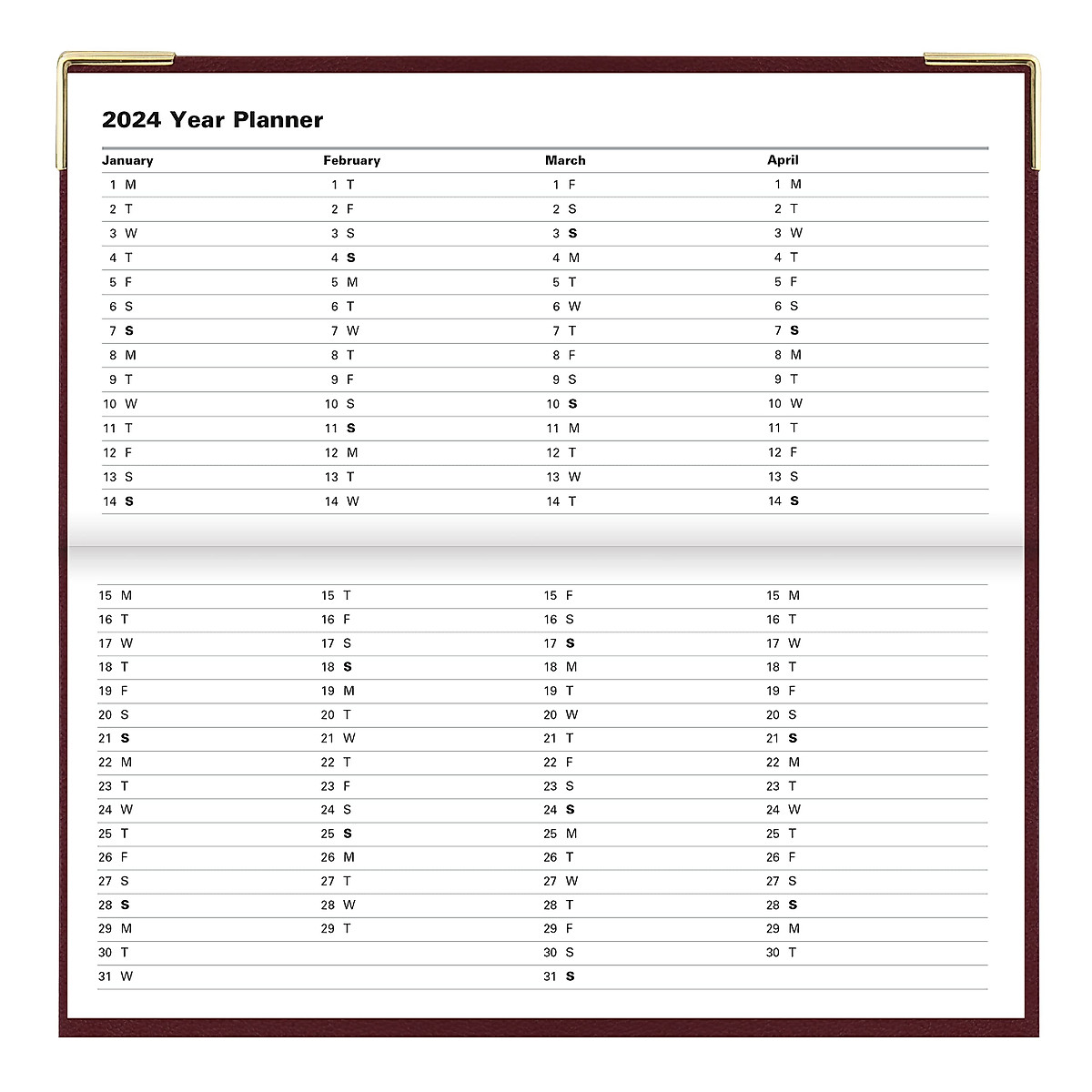 Letts of London Classic Weekly/Monthly Planner, 12 Months, January to December, 2024, Appointments, Gold Corners, Horizontal, Slim Size, 6.625" x 3.25", Burgundy (C32SBY-24)