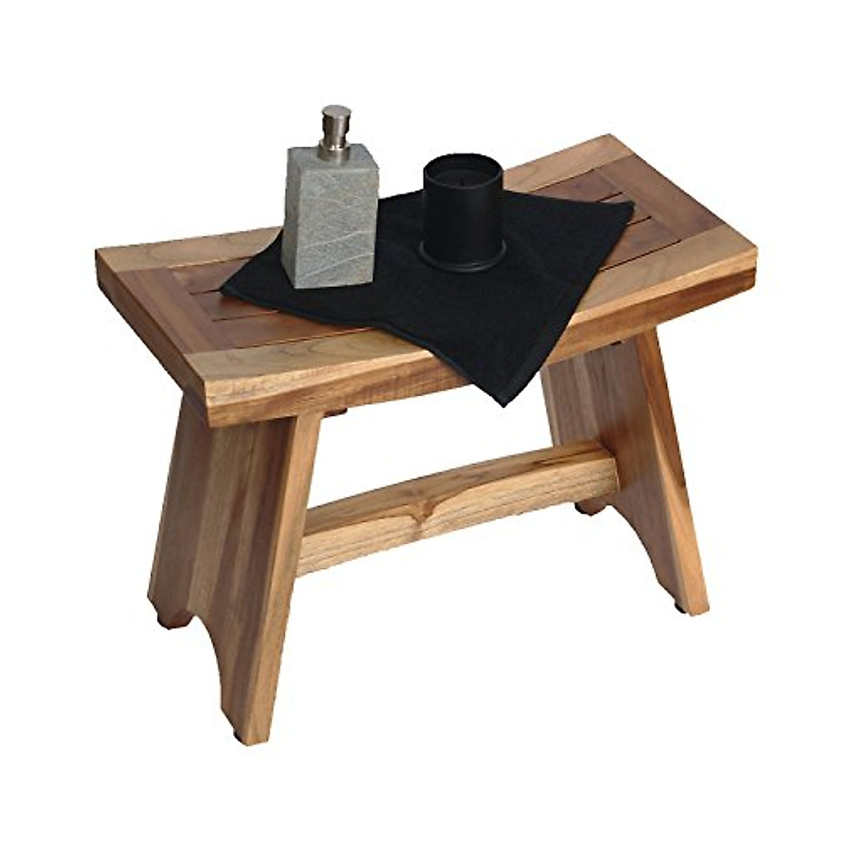 EcoDecors Serenity Shower Stool Natural Teak Wood Eastern Style Shower Bench with Curved Seat, Wooden Shower Seat Spa Stool in Earthy Teak Finish - 24 inches