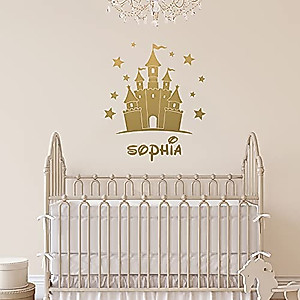 YOKIKI Princess Name with Castle Design for Girls Bedroom Princess Room Decoration Home Decor Personalized Name Wall Decals, Gold-3067-1