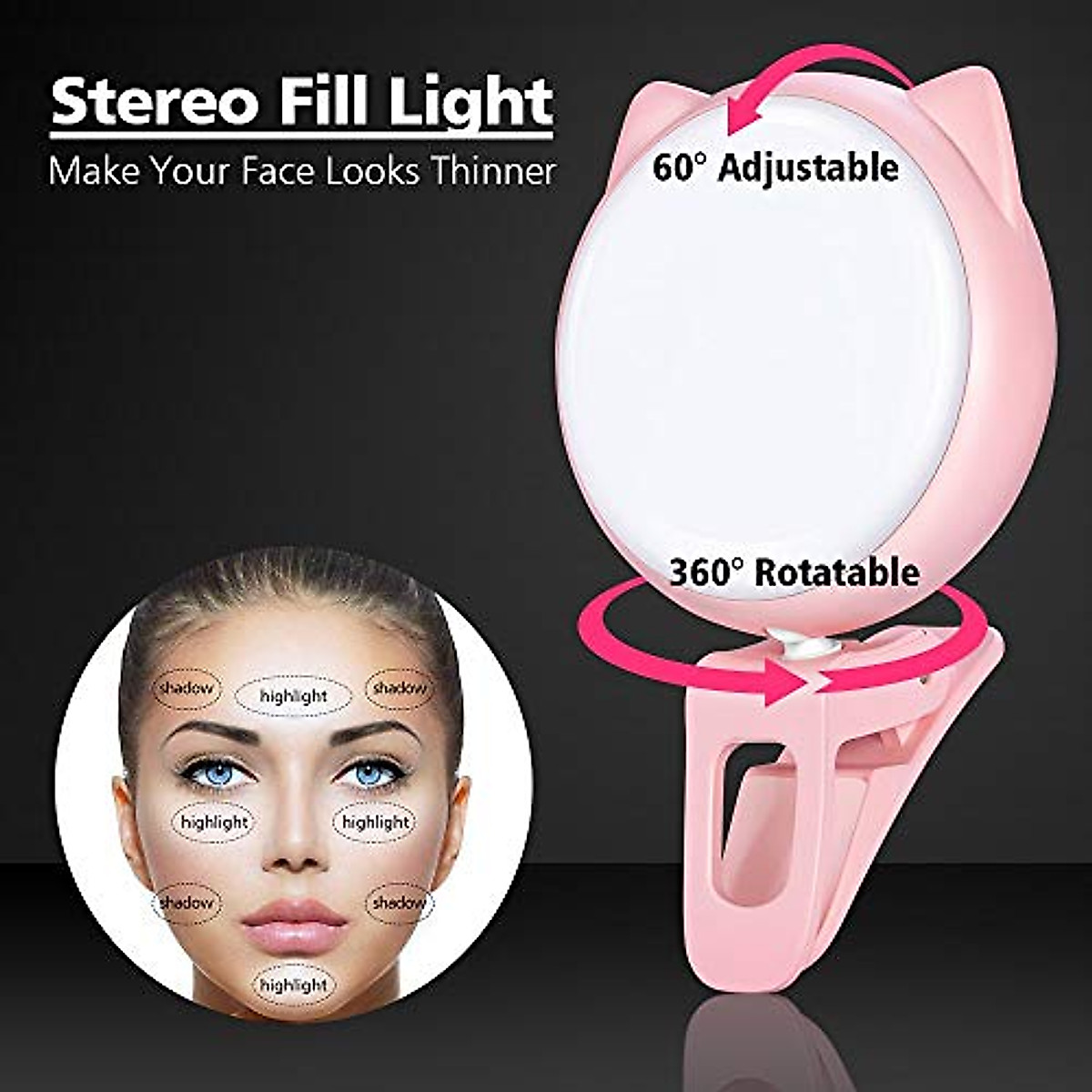 OURRY Selfie Clip on Ring Light, Mini Rechargeable 9 Level Adjustable Brightness Light with 32 LED, 2-8 Hours, USB Flash Lighting for iPhone/Android Cell Phone Photography,Video, Vlogging - Pink