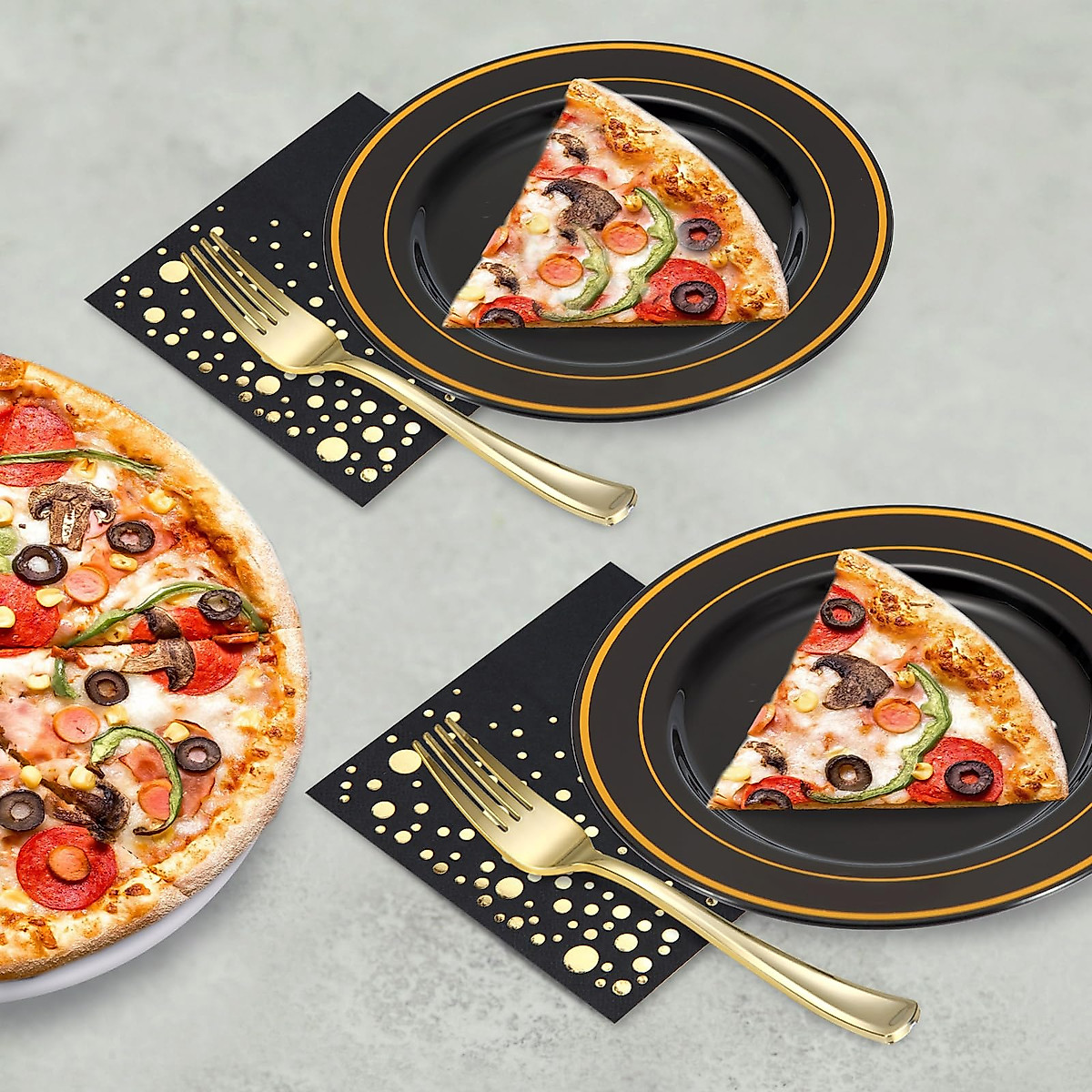 Stylish 7.5 Inch Gold and Black Cake Plates with Disposable Forks and Cocktail Napkins (100 Set of Each) - Small Appetizer Plates, Disposable Cake Plates or Salad Plate - Black Plastic Dessert Plates