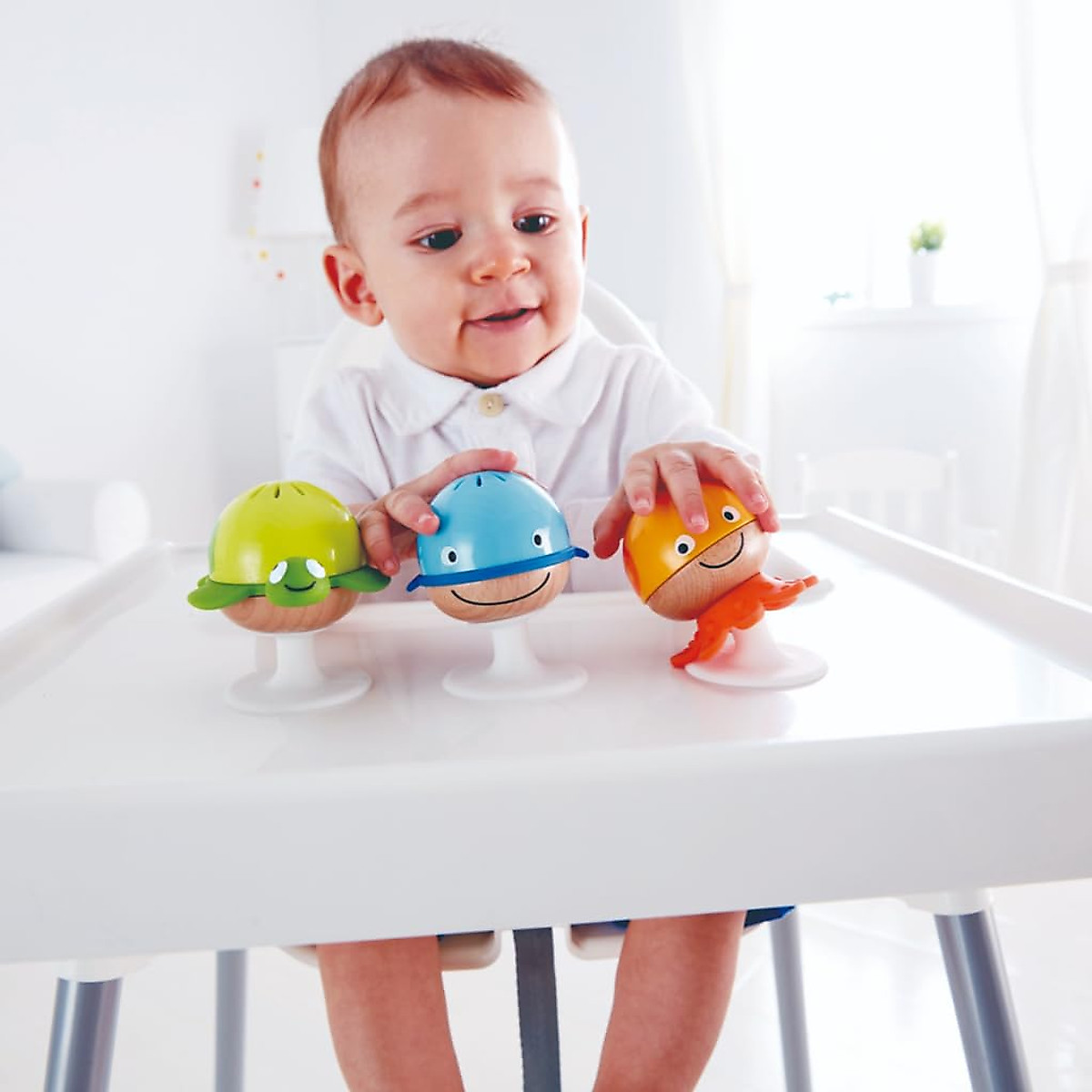 Hape Put-Stay Rattle Set | Three Sea Animal Suction Rattle Toys, Baby Educational Toy Set