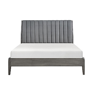 Lexicon California King Bed Frame with Vertical Channel Tufted Velvet Headboard, Modern Bed Frame, Wood Platform Bed, No Box Spring Needed, Easy Assembly, Grey