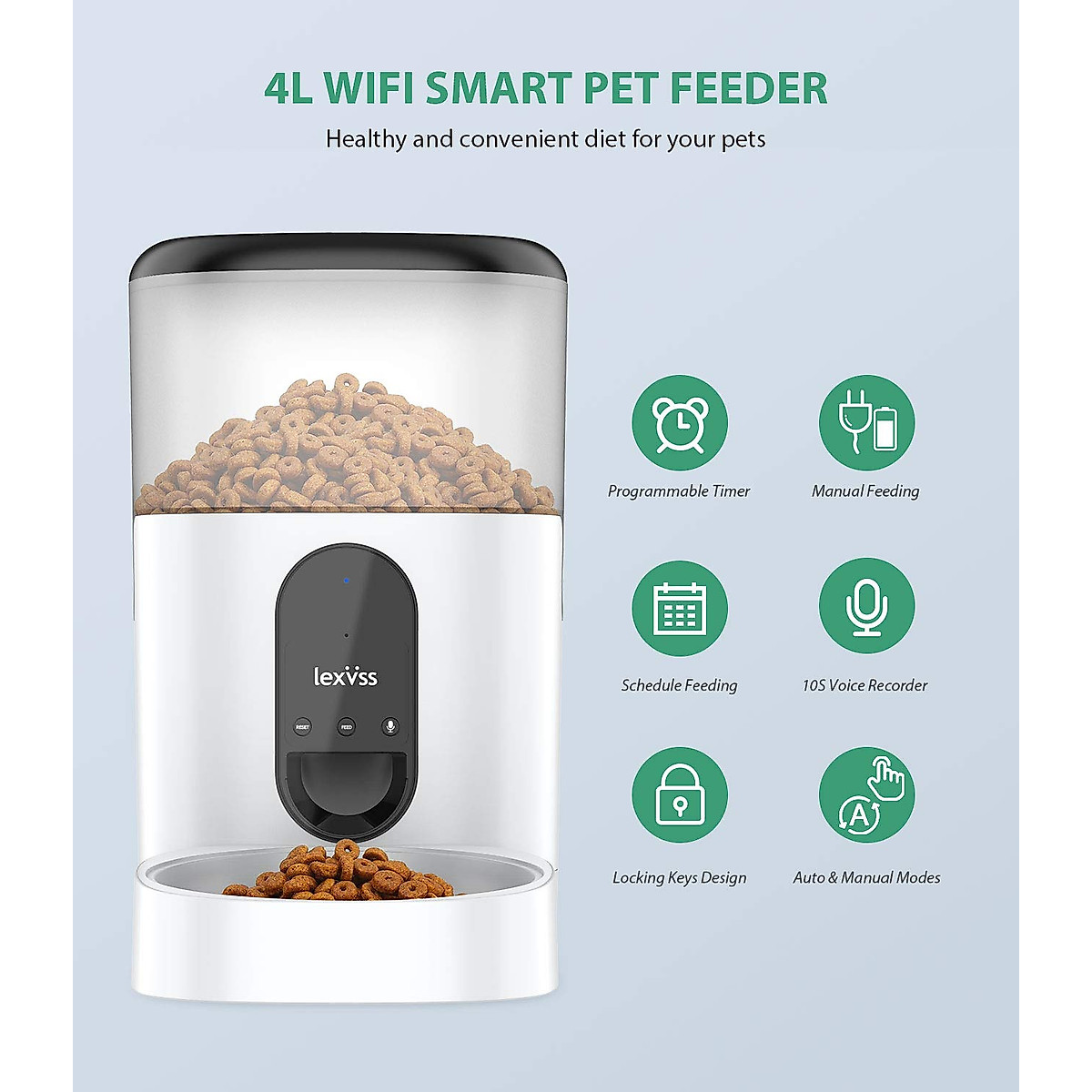 Automatic Cat Feeder, Dog Dispenser with Voice Recorder Programmable Portion Control Up to 10 Meals per Day, Smart APP Auto Food Feeder with Desiccant Bag for Small & Medium Pets 4L (Black)