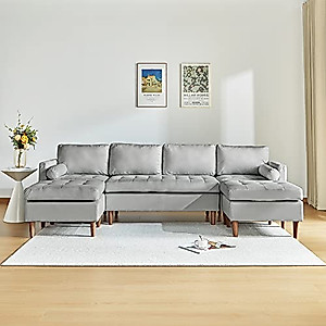 wirrytor Modular Sectional Sofa, Velvet U Shaped Couch, Modular Sectional with Reversible Ottomans for Living Room, Grey