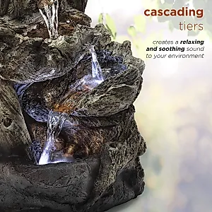 Alpine Corporation 14" Tall Indoor/Outdoor Tiered Log Tabletop Fountain with LED Lights, Beige