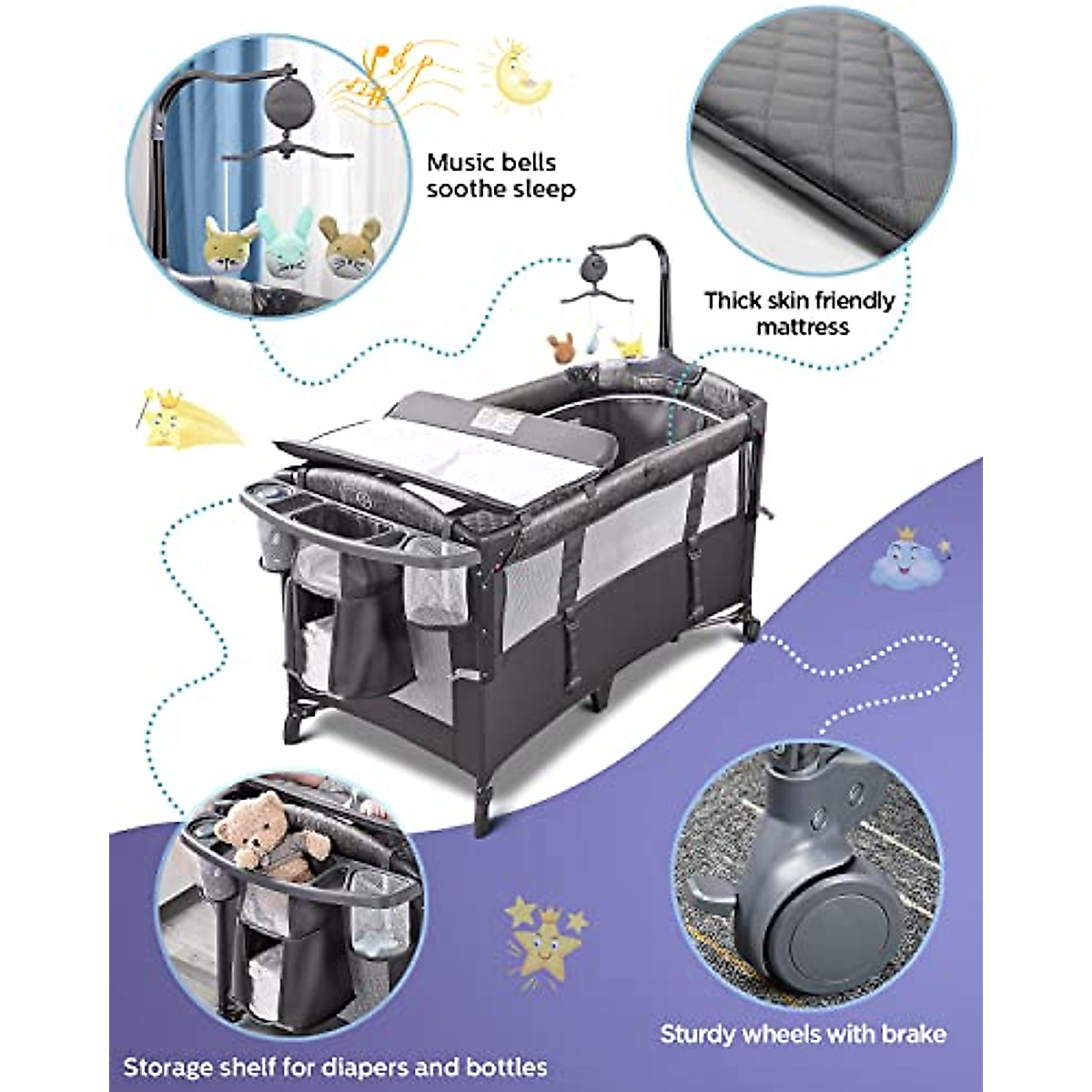 ADOVEL Baby Bassinet Bedside Crib, Pack and Play with Mattress, Diaper Changer and Playards from Newborn to Toddles