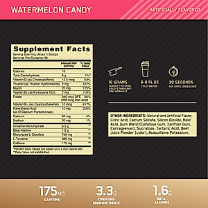 Optimum Nutrition Gold Standard Pre-Workout, Vitamin D for Immune Support, with Creatine, Beta-Alanine, and Caffeine for Energy, Keto Friendly, Watermelon Candy, 30 Servings (Packaging May Vary)