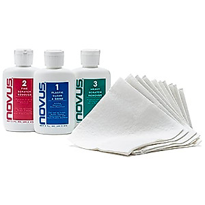 NOVUS Bundle with 10ct Polish Mates Pack | Novus Plastic Polish & Cleaning Set | Plastic Clean & Shine #1, Fine Scratch Remover #2, Heavy Scratch Remover #3 | 2 Ounce Bottles