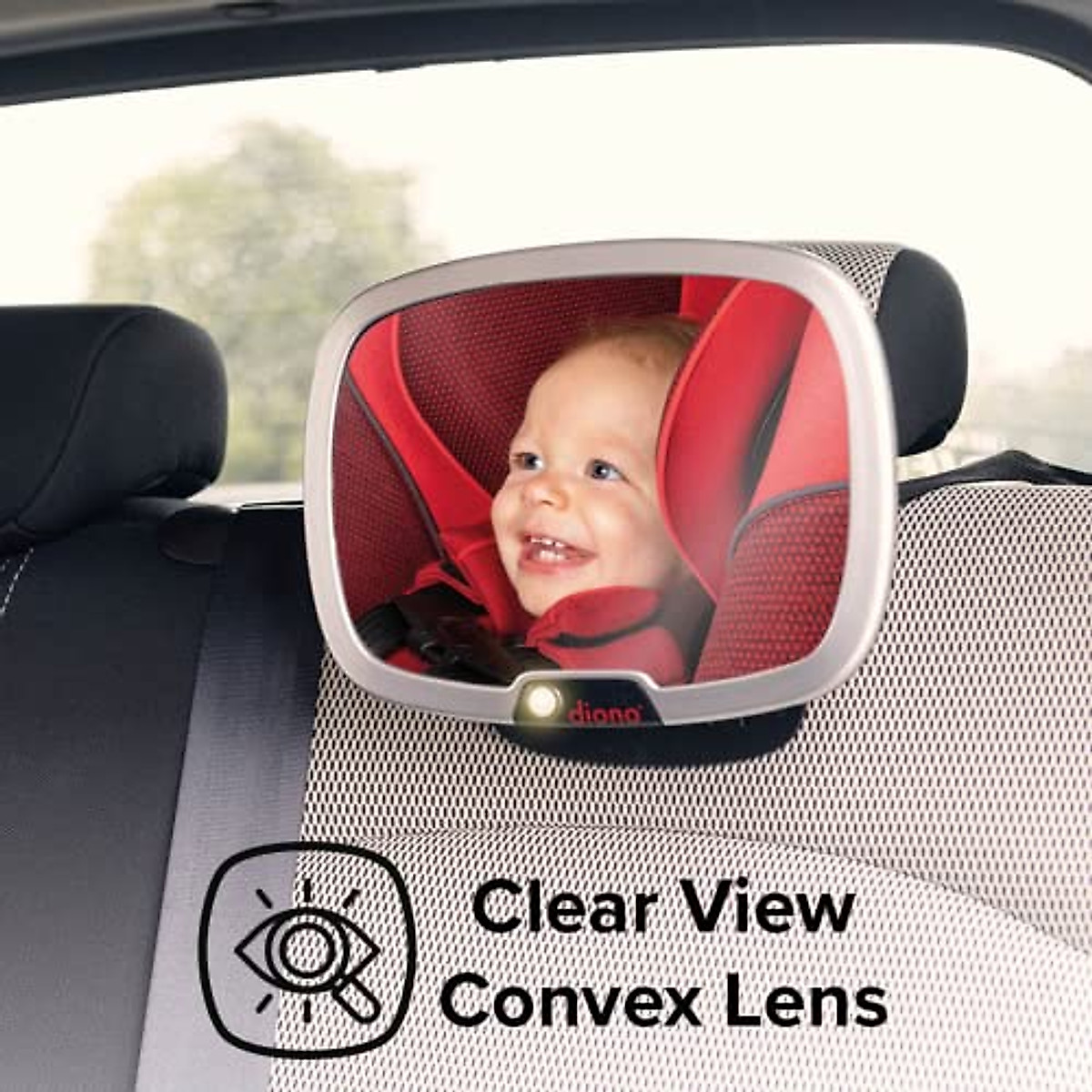 Diono Easy View Plus Baby Car Mirror with Light, Safety Car Seat Mirror for Rear Facing Infant with 360 Rotation, LED Night Light, Wide Crystal Clear View, Shatterproof, Crash Tested