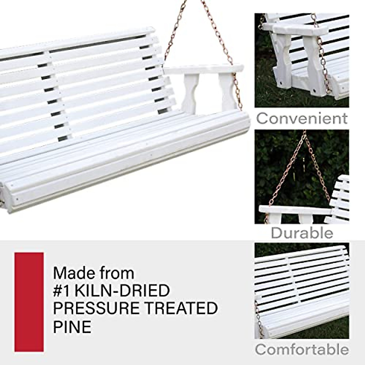 Amish Casual Heavy Duty 800 Lb Roll Back Treated Porch Swing with Hanging Chains (5 Foot, Semi-Solid White Stain)