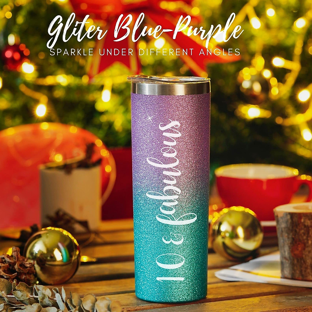 Onebttl Birthday Gifts for 10 Year Old Girls, 10 & Fabulous, 20OZ Stainless Steel Insulated Skinny Tumbler, Best Gift for 10th Birthday for Daughters, Granddaughters, Nieces, Glitter Blue & Purple