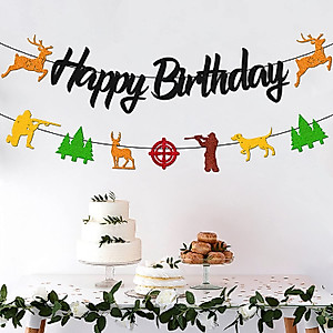 Ohiviaaa Deer Hunting Banner Gone Hunting Hunter Camping Themed for Kids Boy Girl Men Happy Birthday Party Supplies Black Glitter Decorations