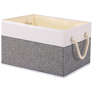 Yawinhe Foldable Storage Basket 1-Pack, Large Fabric Storage Bins with Rope Handle, Used for Organizing Shelves, Closets, Clothes Storage Box, 12.99''Lx9.05''Wx7.87''H, White/Grey