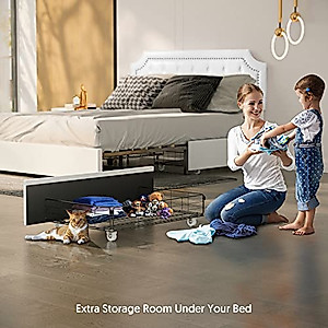 BONSOIR Queen Size Storage Bed Frame Upholstered Low Profile Traditional Platform with Tufted and Nail Headboard/4 Pull Out Drawers/White Faux Leather