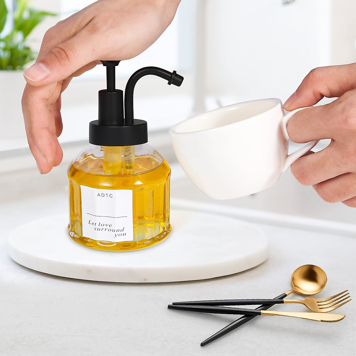 ADTC Coffee syrup dispenser,Syrup dispenser,Glass syrup bottle with pump,Concentrated juice glass bottle,Olive oil bottle,coffee bar,home bar,6.7 oz,Black