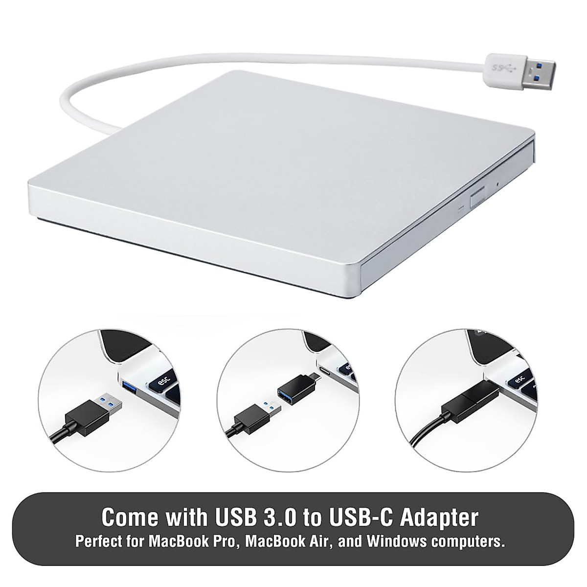 ROOFULL External CD/DVD Drive, CD Burner USB 3.0 Portable CD-ROM DVD+/-RW Disc Player Burner Reader Writer Optical Drive for Apple Mac MacBook Pro/Air, Windows 11/10 Laptop PC, Silver