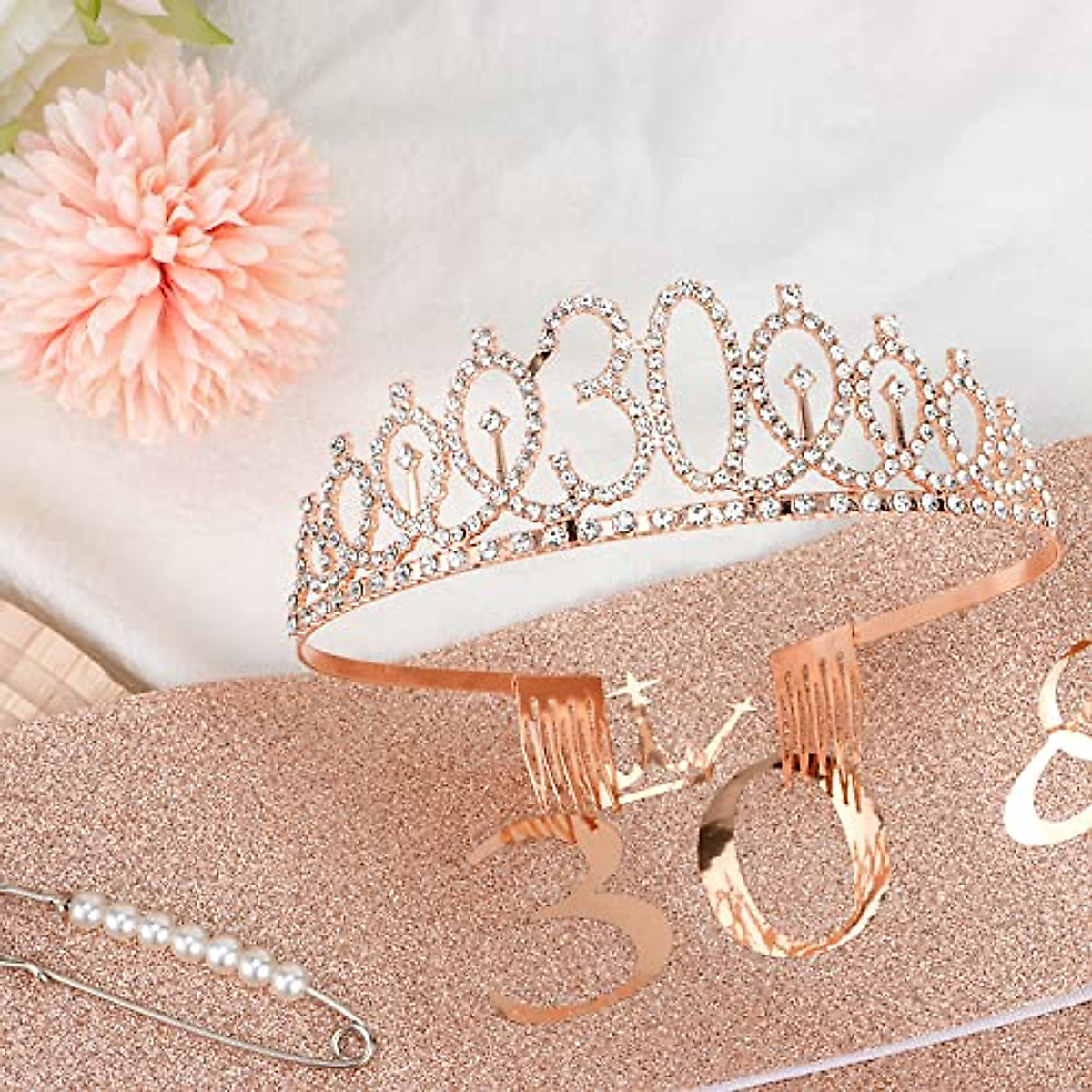 CIEHER 30th Birthday Crown + 30th Birthday Sash + Pearl Pin Set, 30th Birthday Decorations for Women 30th Birthday Gifts for Her 30 Cake Topper 30th Birthday Tiara Happy 30th Birthday Party Rose Gold