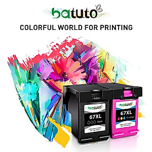 batuto Remanufactured Inkjet for HP 67 3YM59A 3YM58A (Black Tri-Color 2 Pack) Replacement for HP Envy Pro 6452, 6455, 6458, HP DeskJet 1255, 2732, 2752, 2755, HP DeskJet Plus 4140, 4152