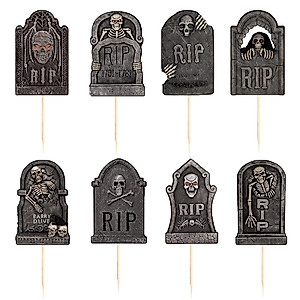 Halloween Cupcake Toppers Cake Decorations Tombstones Graveyard Cupcake Toppers with Novelty Mini Shovel Spoons for Halloween Party, Birthday Party Decoration Supplies 48 Pieces