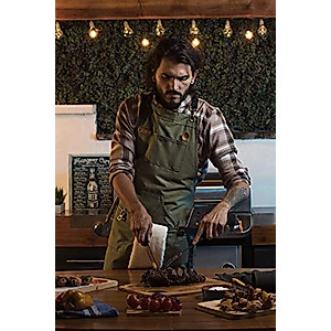 Asaya Chef, BBQ and Work Apron with Bottle Opener and Hand Towel - Durable 10oz Cotton Canvas, Brass Hardware and Cross Back Straps - For Men, Women, Grilling, and Cooking (Green)