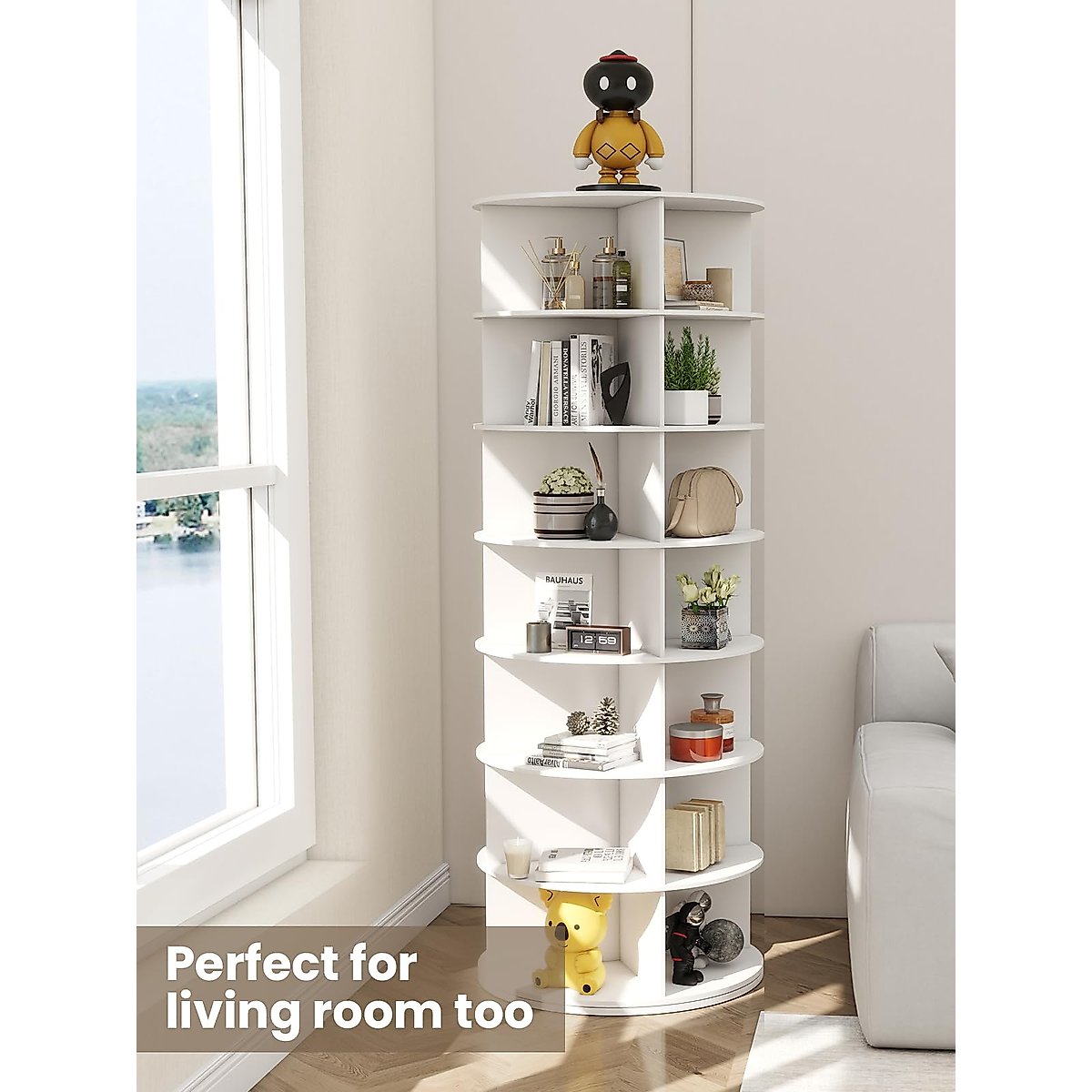Toemics 7 Tier Rotating Shoe Rack Tower 28 Shelves, 360° Spinning Display Lazy Susan Organizer, Carousel for Shoes & Handbags, Easy Assembly, Includes 4 PCS Double-Layer Shoe Racks, White