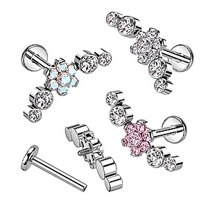 Pierced Owl 16GA F136 Implant Grade Titanium Internally Threaded CZ Crystal Flower Crawler Flat Back Stud (Aurora Borealis)