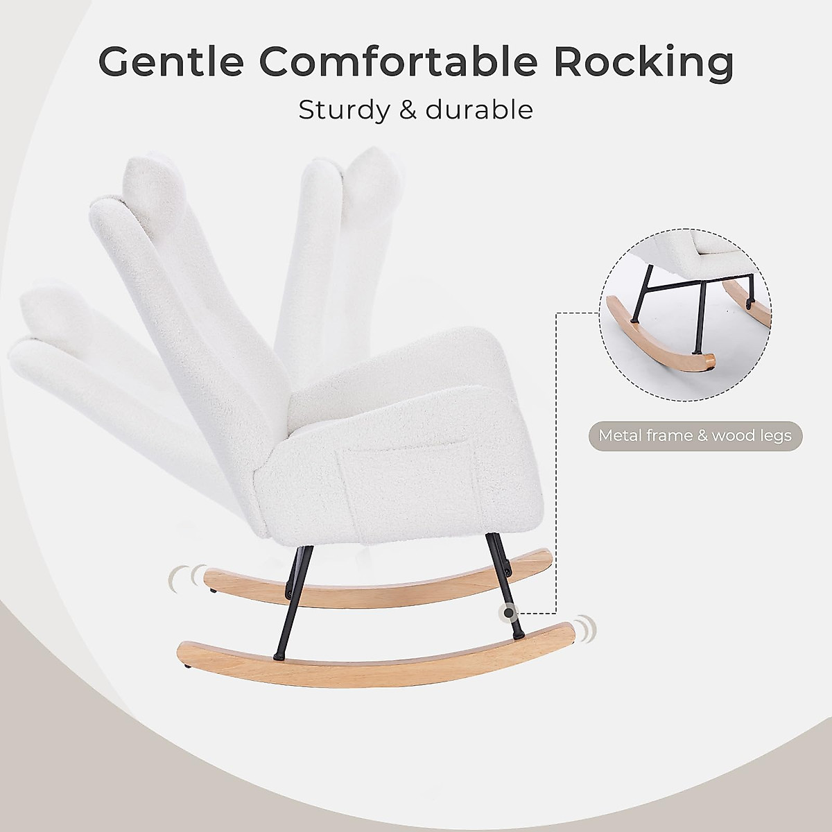 Unovivy Rocking Chair Nursery, Teddy Upholstered Nursing Armchair with Wood Base, Baby Glider Rocker with Headrest & Side Handy Cocket, Small Gliding Seat for Living Room, Bedroom, Office