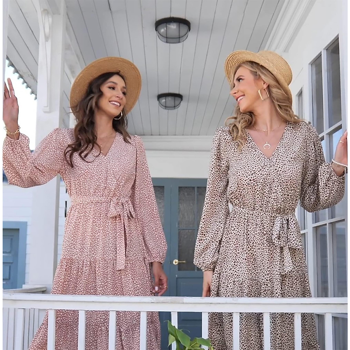 PRETTYGARDEN Womens Fall Long Sleeve Wrap V Neck Ruffle Floral Maxi Dress Casual Tie Waist Boho Chiffon Flowy Long Dresses(Apricot,Medium)