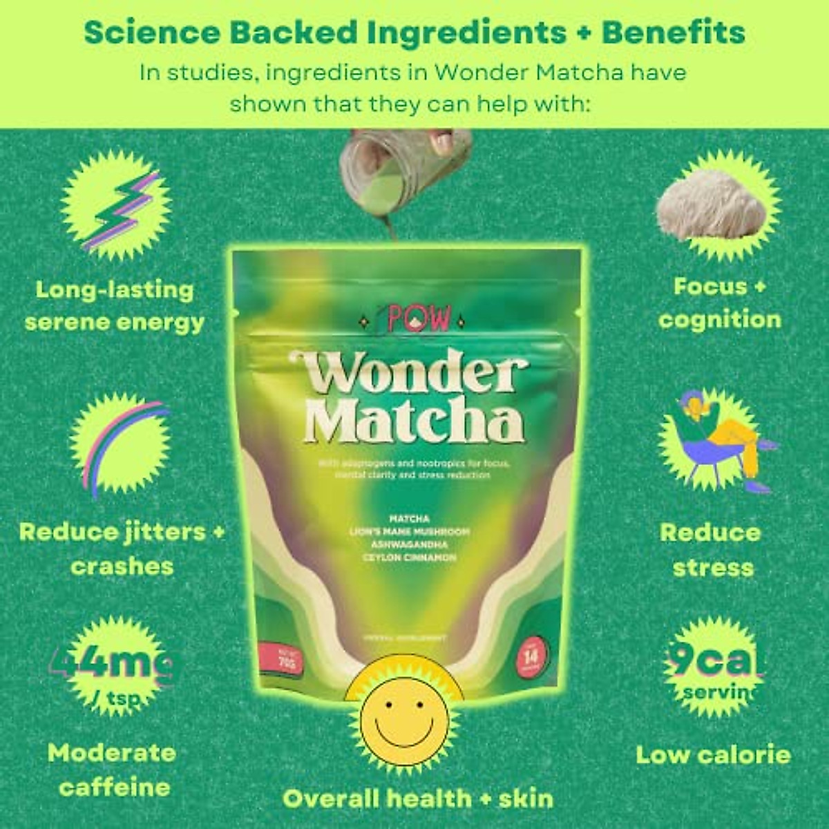 Pow Wonder Matcha | Organic Ceremonial Matcha w/Adaptogens, Mushrooms, Lion's Mane Mushroom and Ashwagandha | Lightly Sweetened (14 Servings)