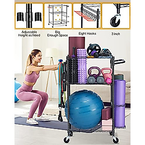 FHXZH Home Gym Storage Rack, Workout/Exercise Equipment Storage Organizer with Hooks and Wheels for Yoga Mat & Ball Dumbbell Kettlebells Foam Roller Resistance Bands