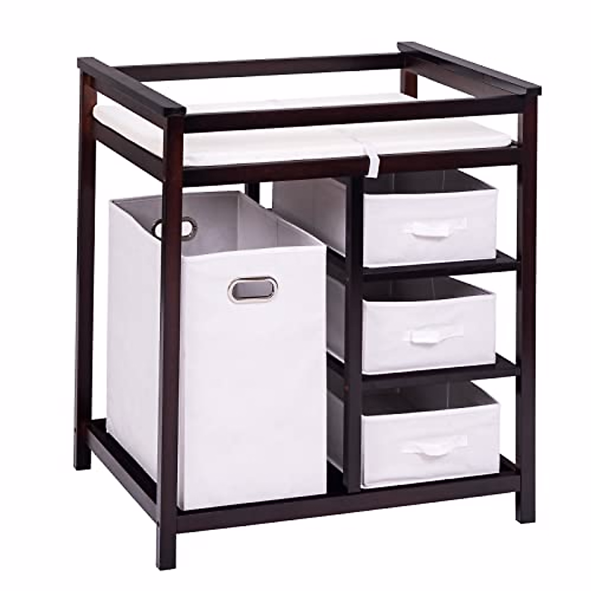 Obbao Changing Table, Baby Changing Table, Changing Table with Hamper, 3 Storage Baskets Drawers, Safety Strap and Removable Pad, Brown