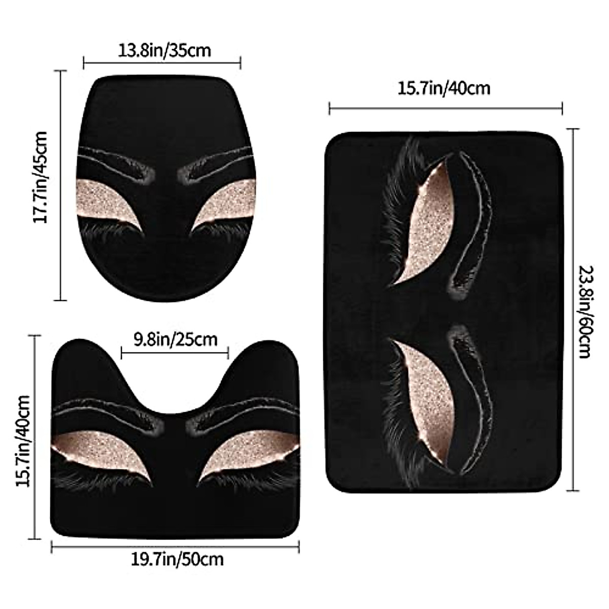 Eyelash Pattern Printed Bathroom Carpet Set Non-Slip Absorbent, Soft Washable Toilet Shower Mat Set, 3 Pc