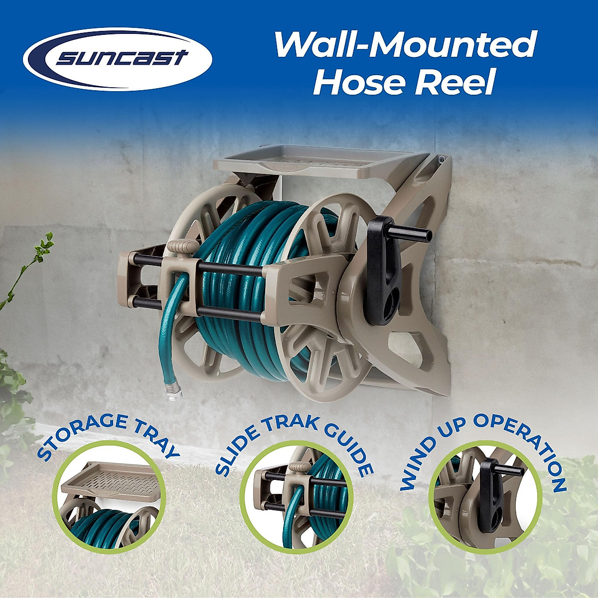 Suncast Wall-Mount Garden Hose Reel, 175 ft. 5/8 in. Vinyl Water Hose Holder, Light Taupe