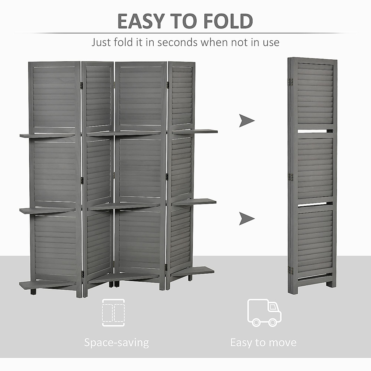 HOMCOM 4 Panel 67" Tall Wood Privacy Screen Room Divider with 3 Display Shelves, and Folding Storage for Bedroom or Home Office, Grey