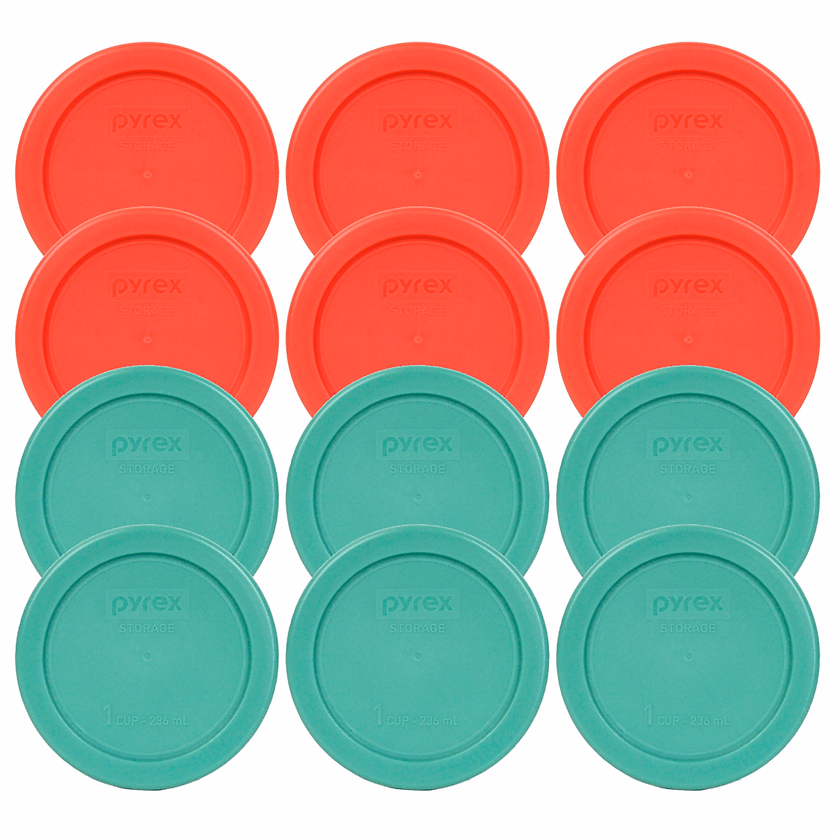 Pyrex 7202-PC 1 Cup (6) Green (6) Red Round Plastic Food Storage Lids Made in the USA
