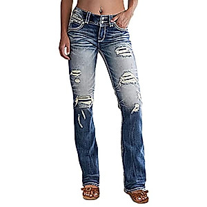 Flamingals Distressed Jeans for Women Mid Waist Ripped Flare Jeans Denim Pants 2023 Trendy Mid Blue L