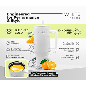 WHITE Prime 40 oz Tumbler | 100% Leak Proof | Simple Elegant Modern | Stainless Steel Double Wall Tumbler with handle | Reusable Water Bottle | Cupholder Friendly | Drinkware Flasks