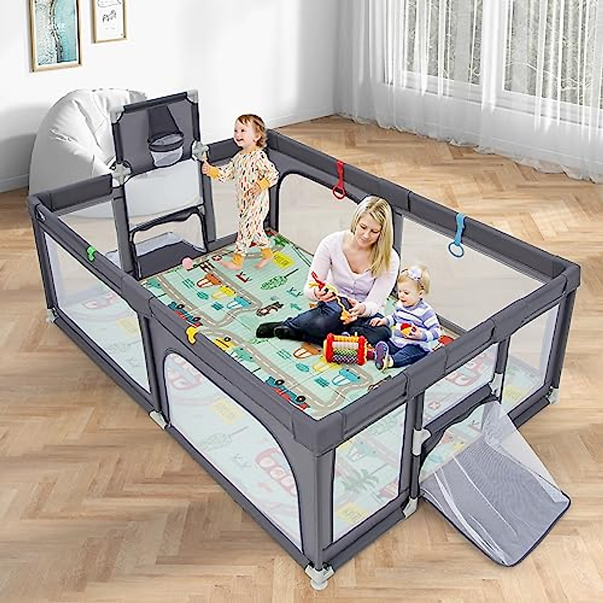 Costzon Large Baby Playpen with Mat, Playpen for Babies and Toddlers w/Basketball Hoop & Soccer Nets, Pull Rings & Ocean Balls, Zippered Gates, Portable Indoor Safety Sturdy Play Yard (Dark Gray)