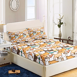 AILONEN Puppy Fitted Sheet Set Full Size, Cute Shiba Inu Dog Bed Sheet Set,Welsh Corgi Dog Puppy Sheets Set,Boys Girls Cartoon Pet Animals Bed Sheets Set 3 Pieces, 1 Fitted Sheet and 2 Pillowcases