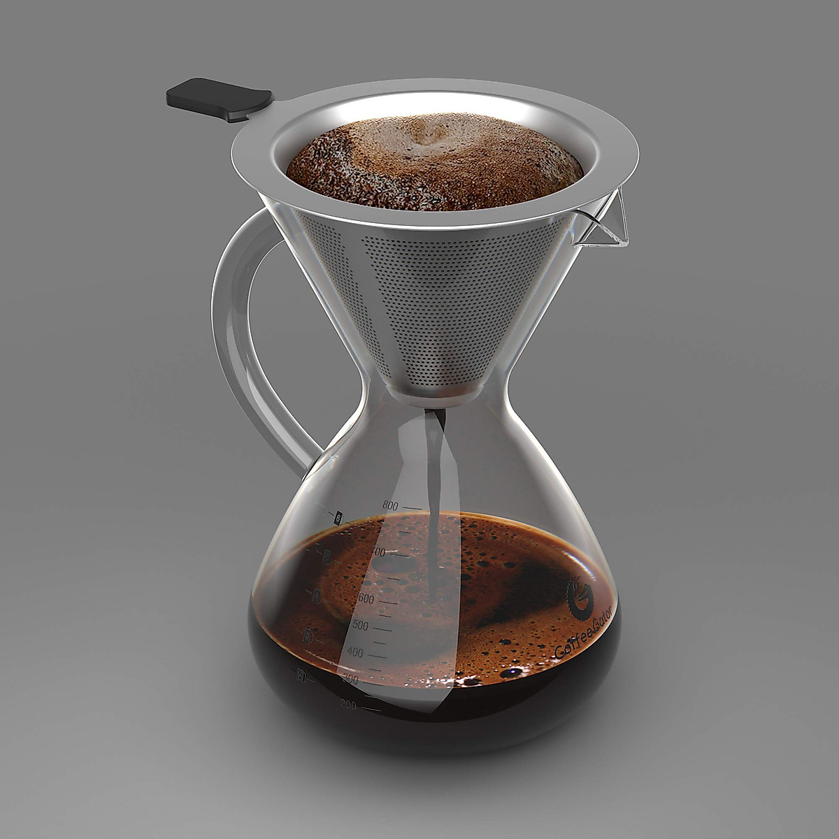 Coffee Gator Pour Over Coffee Maker - 27 oz Paperless, Portable, Drip Coffee Brewer Pour Over Set w/Glass Carafe & Stainless-Steel Mesh Filter, 800ml Clear
