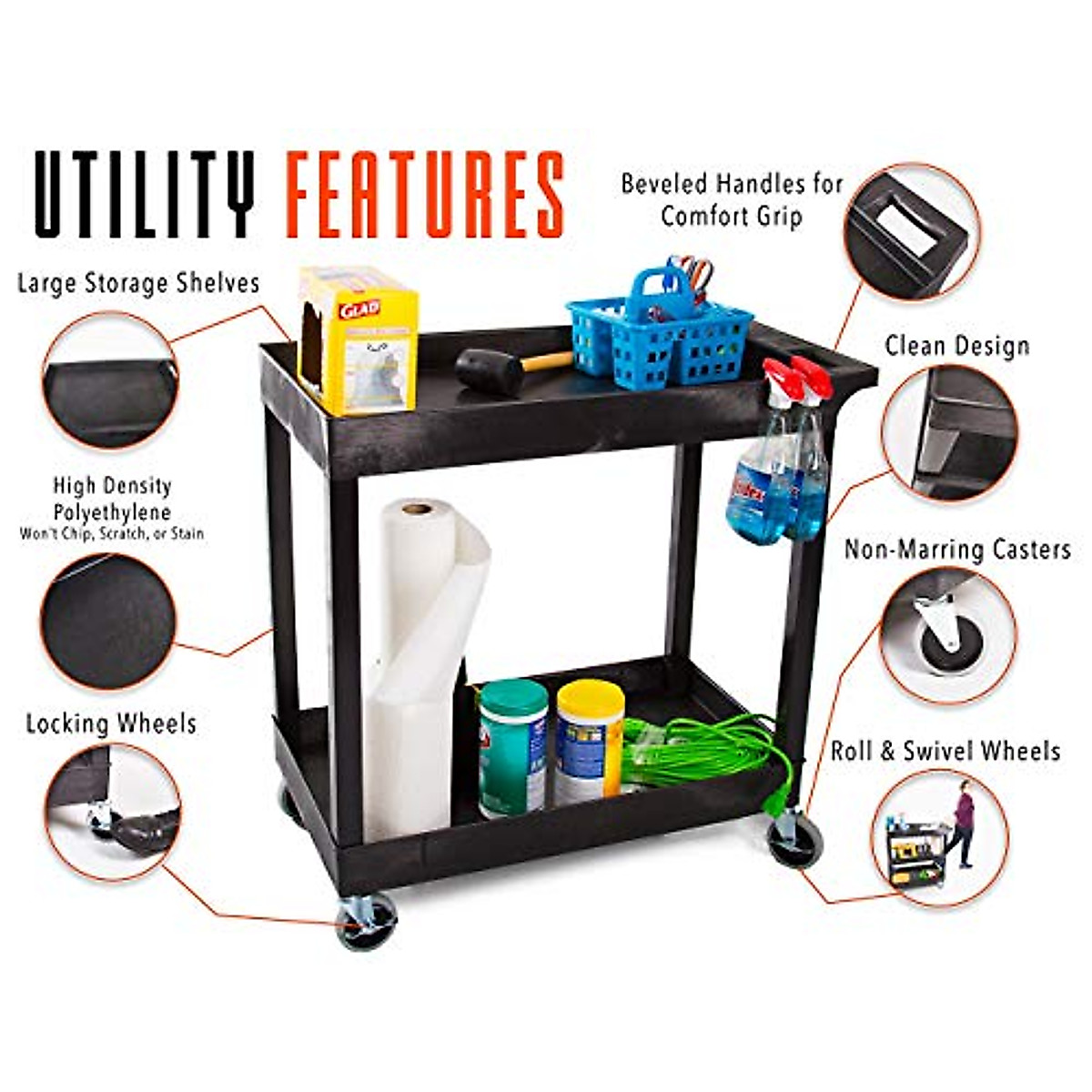 Stand Steady Original Tubstr 2 Shelf Utility Cart/Service Cart - Heavy Duty - Supports up to 400 lbs - Tub Carts w/Deep Shelves - Great for Warehouse, Garage, Cleaning and More! (32 x 18 / Black)