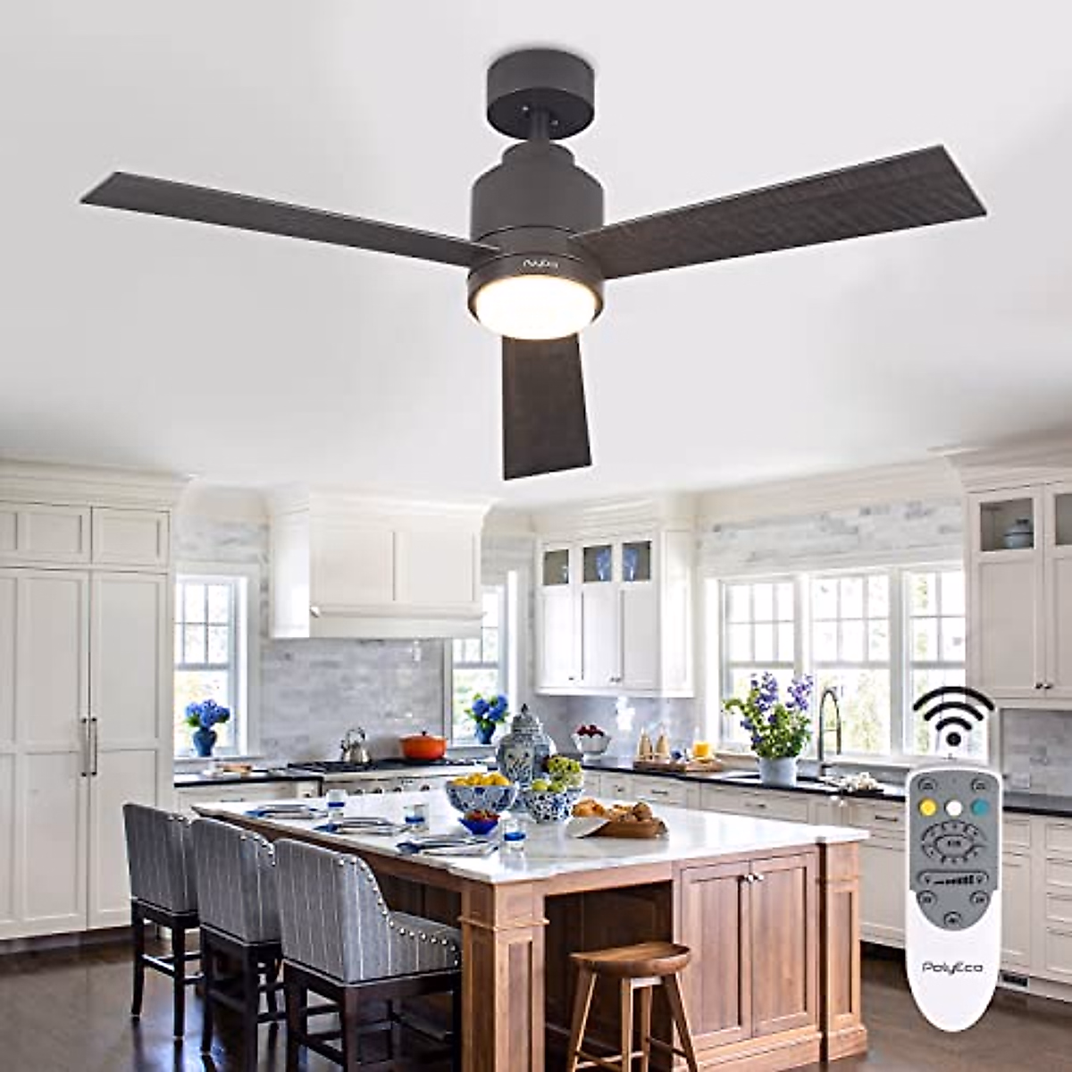 POLYECO Modern Ceiling Fans with Light, 6-Speed LED Ceiling Fan with Reversible DC Motor, Remote Control & Timing Function for Living Room Dining Room Bedroom(Matte Silver)