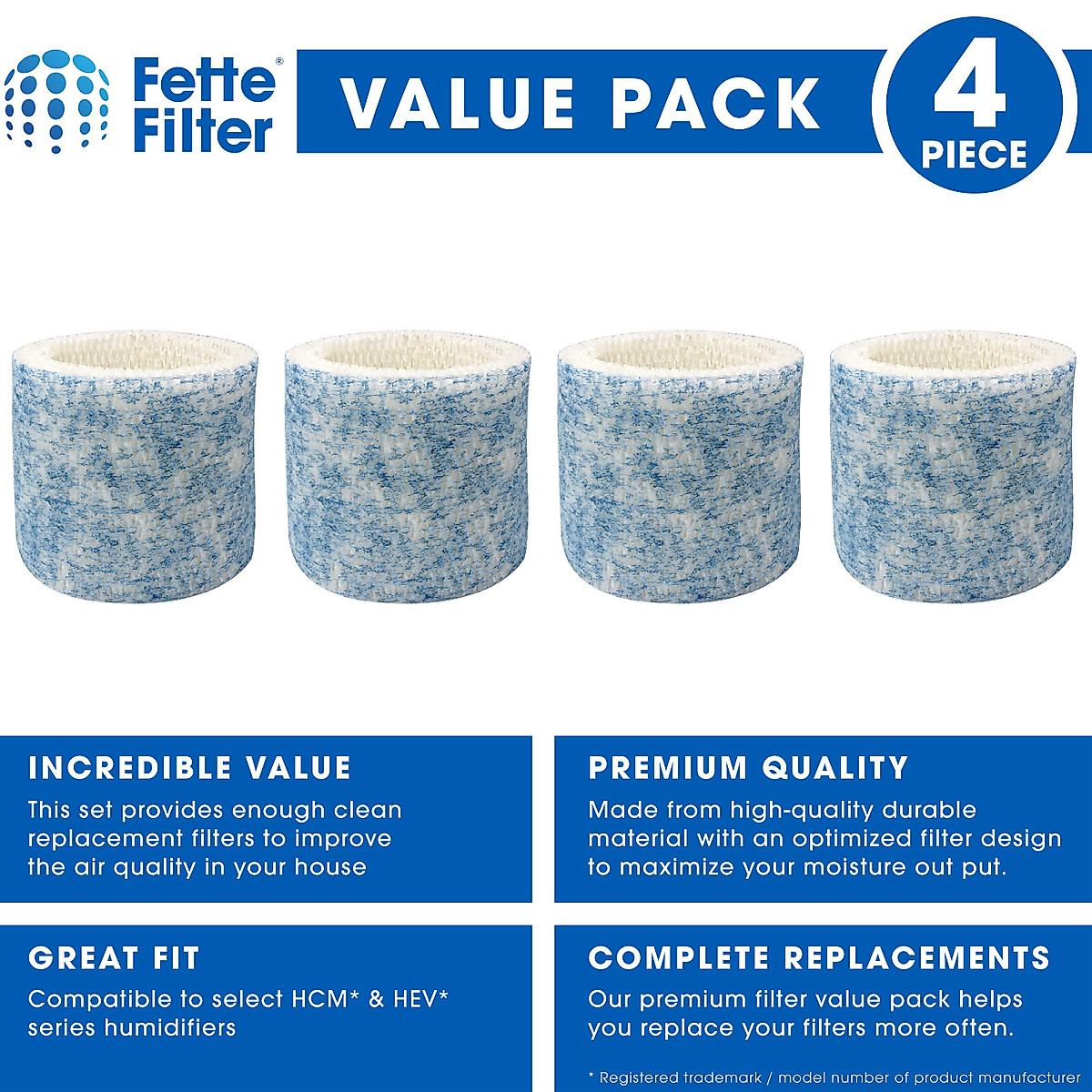 Fette Filter - Upgraded Blue Mesh Treated Layer Humidifier Wicking Filters Compatible with Honeywell HAC-504AW, Filter A for Models HAC-504, HAC-504AW, HCM 350 and Other Cool Mist Models - Pack of 4