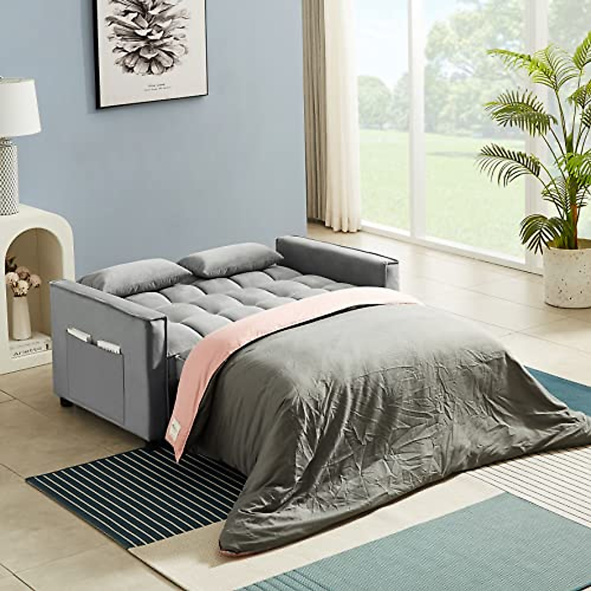 FULife Bed Convertible Sofa Pull-Out Sleeper, Loveseat Futon Sofá Chair w/Adjustable Reclining Backrests,Side Pockets&2 Pillows,Velvet Small Love Seat Lounge Couch, Grey-b