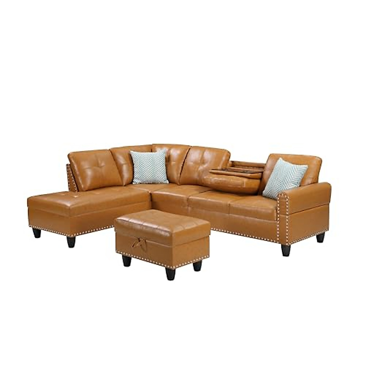 ERYE 3 PCS Sectional Sofa with R Chaise, L-Shaped 5 Seaters Comfy PU Upholstered Corner Sofa & Couch W/2 Cup Holders and Storage Ottoman for Home Apartment Office Living Room Furniture