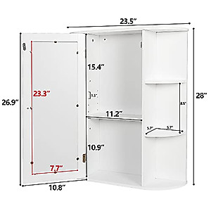 SUPER DEAL Bathroom Cabinet with Single Mirror Door Wall Mount Medicine Cabinet with Inner Adjustable Shelves Wooden Storage Organizer