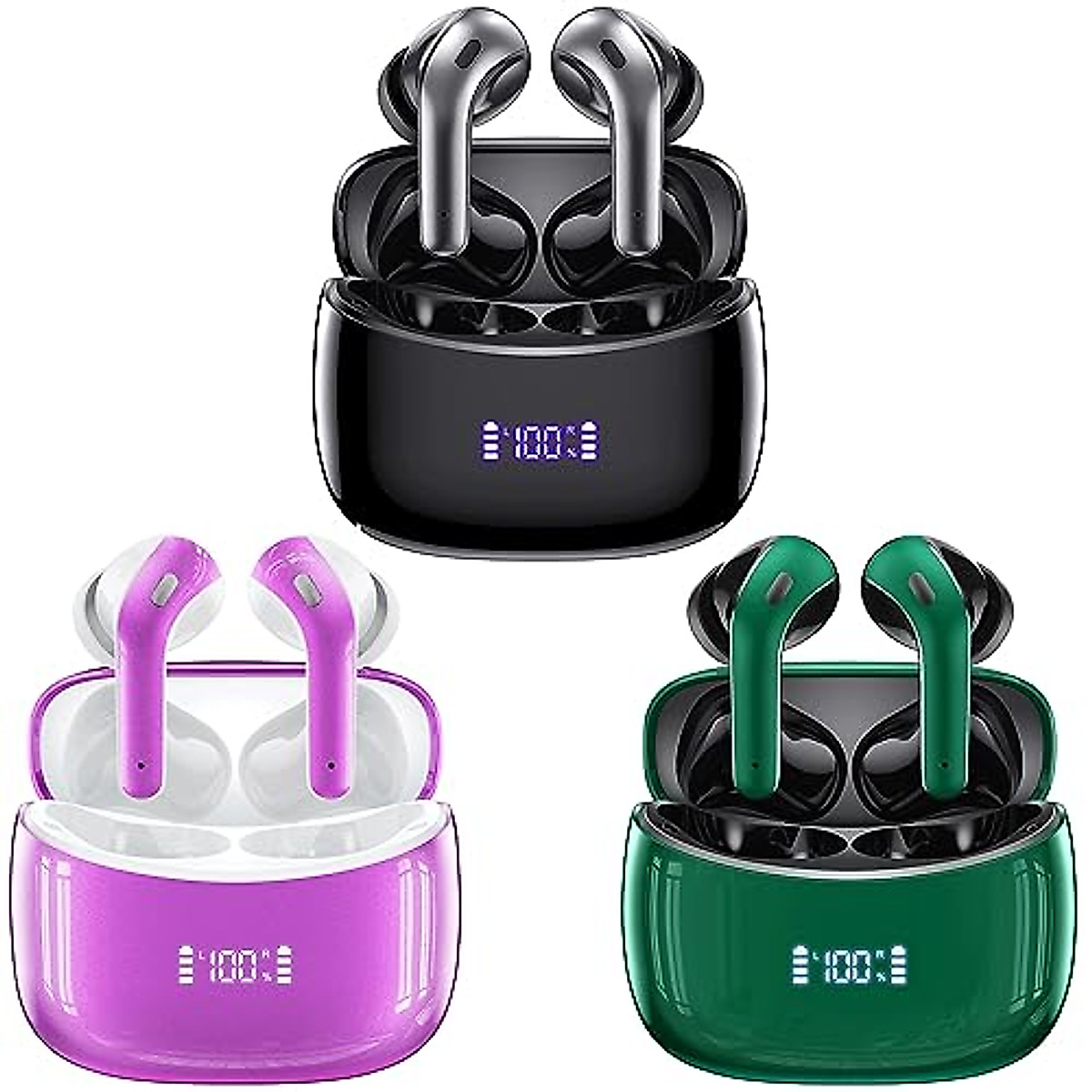 3 Sets Wireless Earbuds Bluetooth Headphones 60H Playtime Ear Buds with LED Power Display Charging Case Earphones in-Ear Earbud with Microphone for Android Cell Phone Gaming Black + Green + Purple