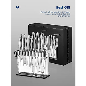 Aiheal 17PCS Stainless Steel Knife Set with Clear Knife Block, No Rust and Super Sharp Kitchen Knife Set in One Piece Design with Knife Sharpener for Kitchen, Steak Knives Set
