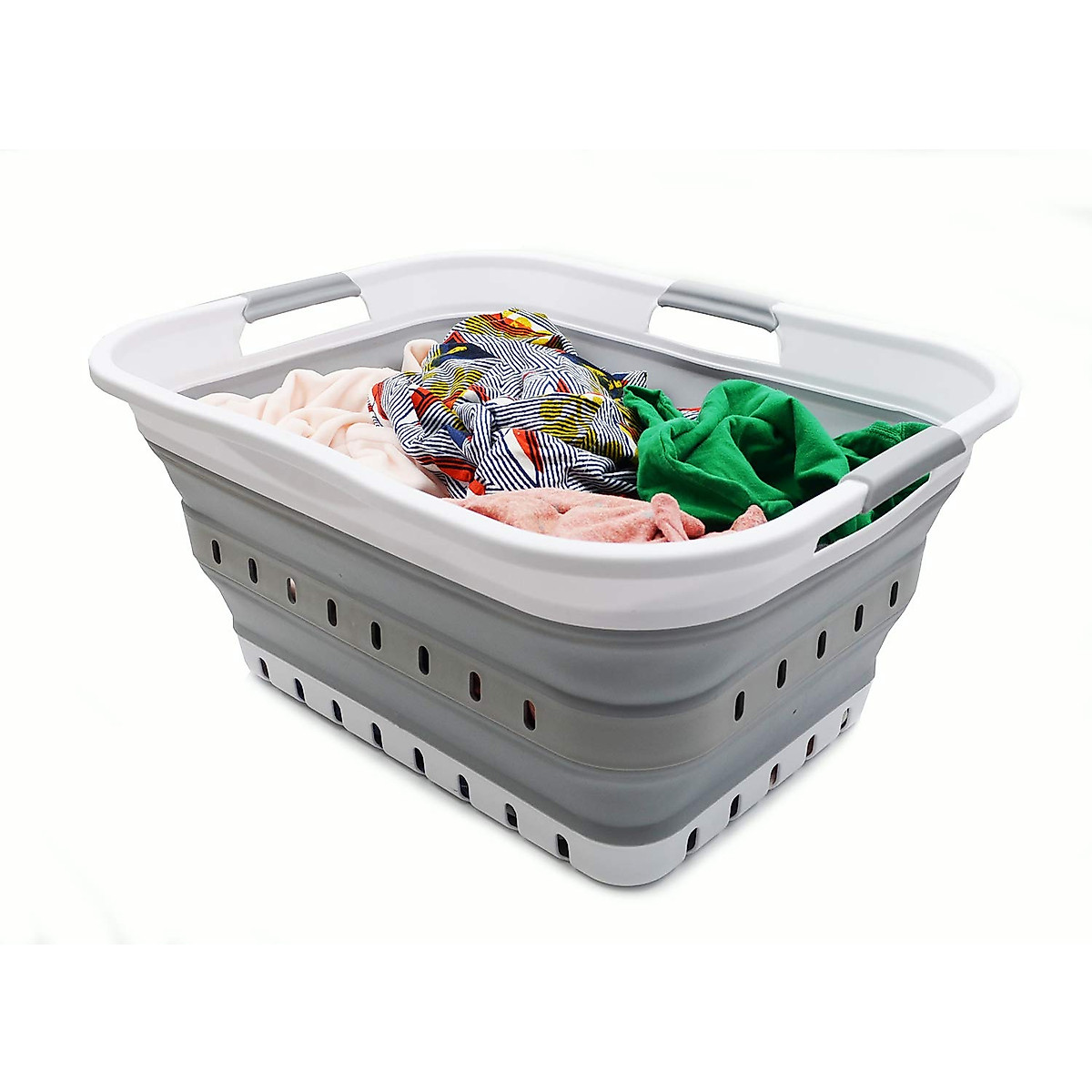 SAMMART 42L (11 gallon) Collapsible Plastic Laundry Basket - Foldable Pop Up Storage Container/Organizer - Portable Washing Tub - Space Saving Hamper/Basket (1, White/Grey)